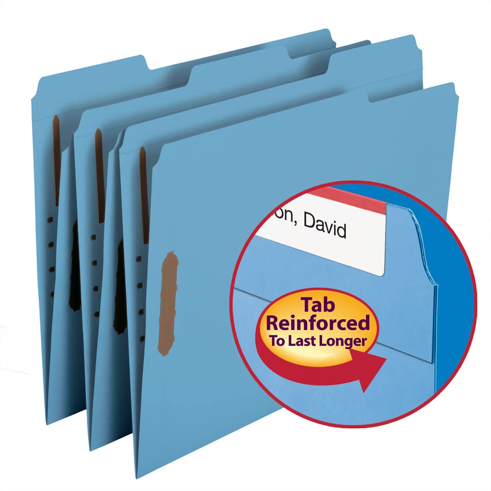 Smead 100% Recycled Fastener File Folder, 2 Fasteners, Reinforced 1/3-Cut Tab, Letter Size, Blue, 50 per Box (12041)