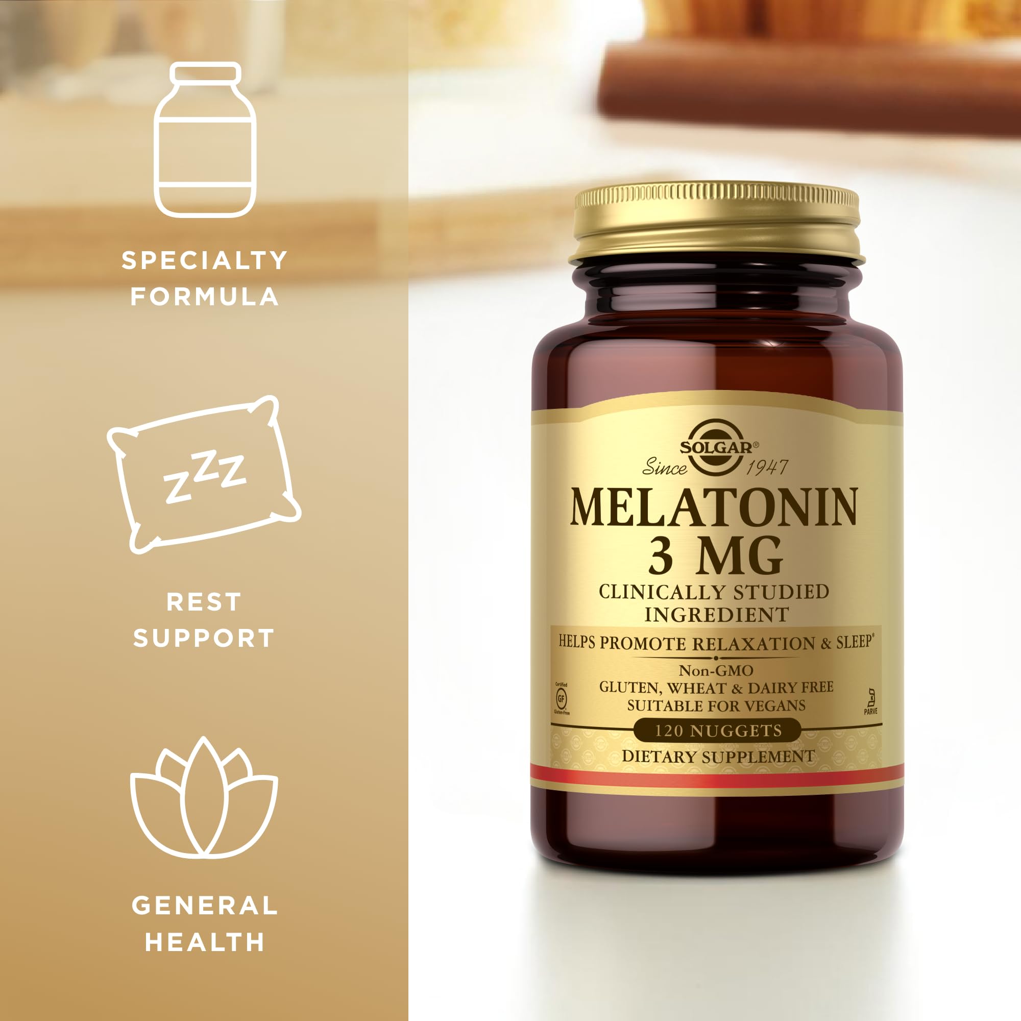 Solgar Melatonin 3 mg - 120 Nuggets - Helps Promote Relaxation & Rest - Non-GMO, Vegan, Gluten Free, Dairy Free, Kosher - 120 Servings