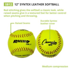 Champion Sports 12" Syntex Leather Cover Softballs - Cork Core - Medium Compression - NFHS Approved - Raised Seams - Optic Yellow - Pack of 12