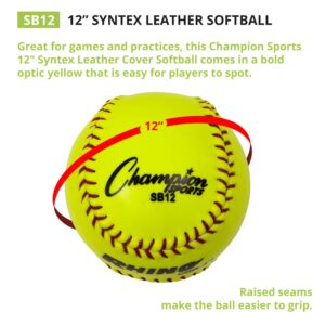 Champion Sports 12" Syntex Leather Cover Softballs - Cork Core - Medium Compression - NFHS Approved - Raised Seams - Optic Yellow - Pack of 12