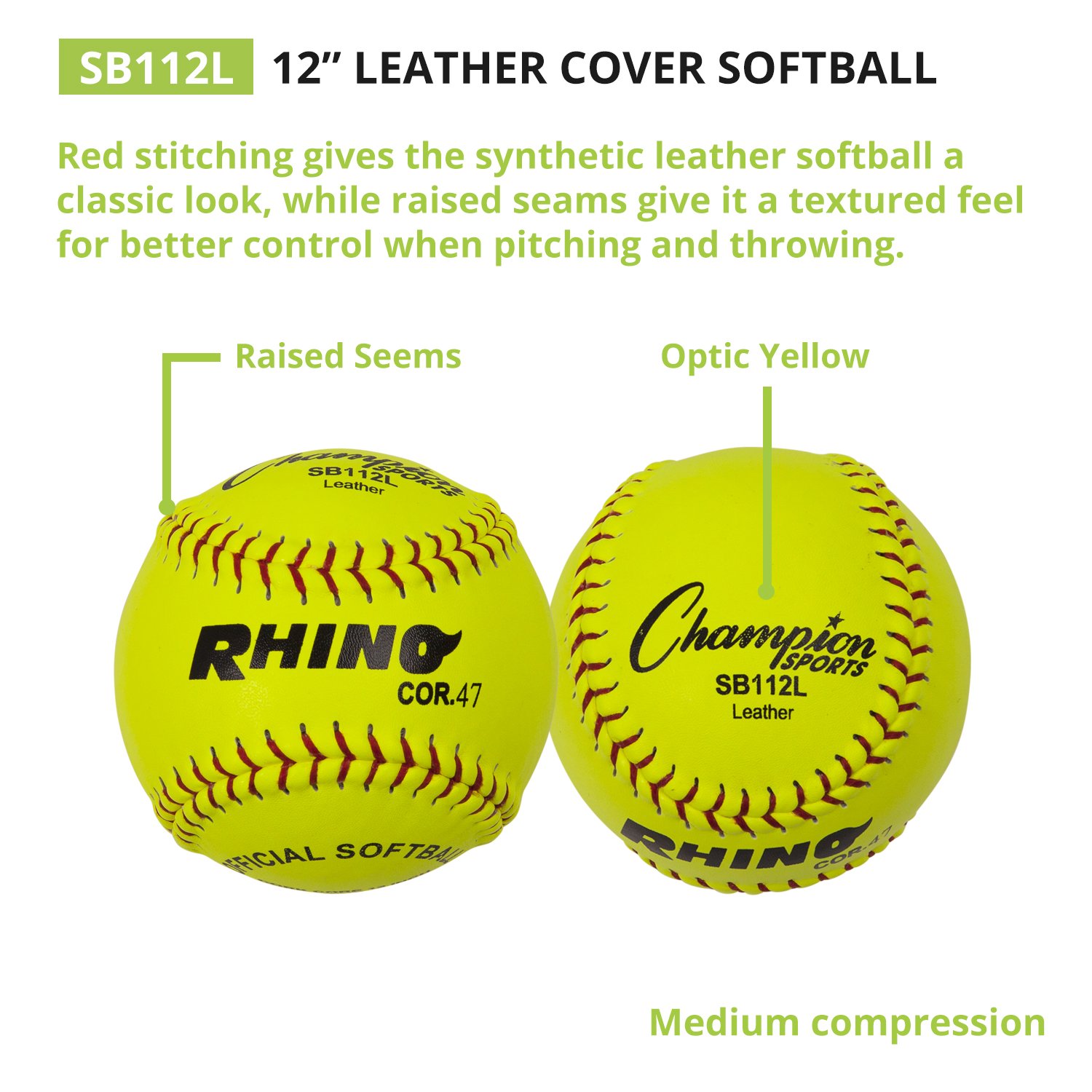 Champion Sports 12" Leather Cover Softballs - Cork Core - Medium Compression - NFHS Approved - Raised Seams - Optic Yellow - Pack of 12