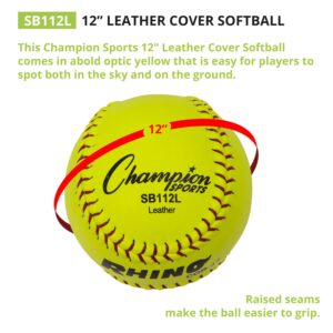 Champion Sports 12" Leather Cover Softballs - Cork Core - Medium Compression - NFHS Approved - Raised Seams - Optic Yellow - Pack of 12