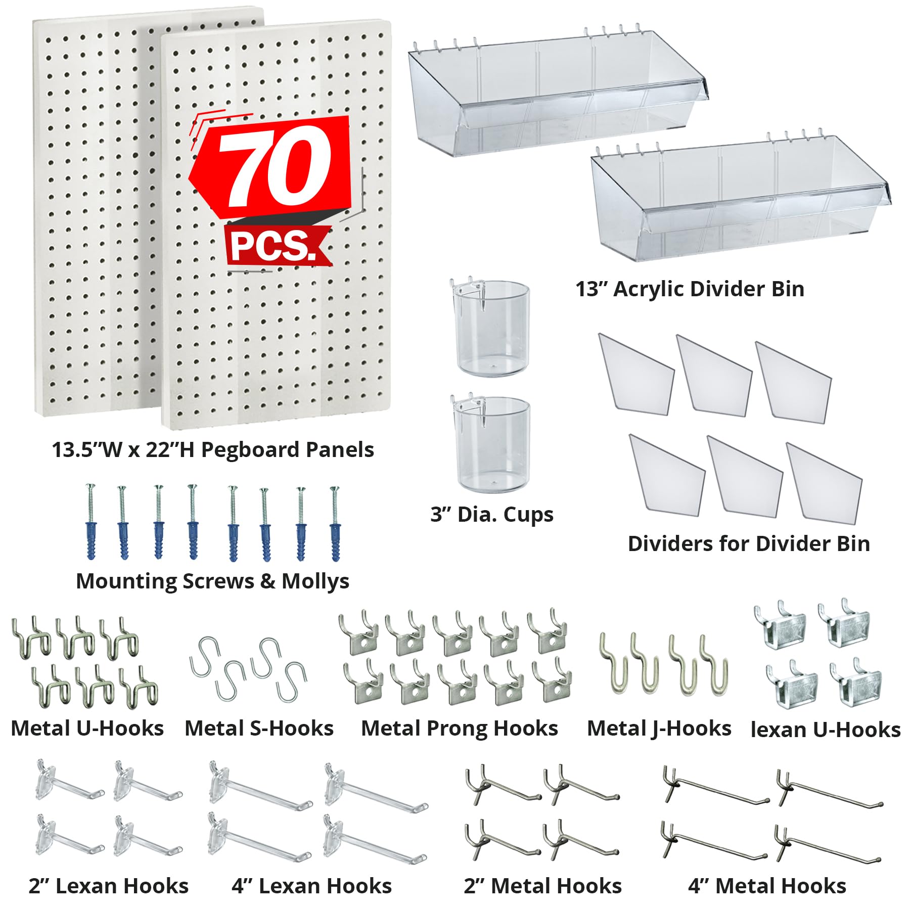 Azar Displays 70-Piece Pegboard Organizer Kits, White