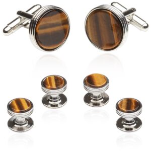 tigers eye tuxedo shirt cufflinks studs formal set for men with travel presentation gift box for groom groomsmen wedding party