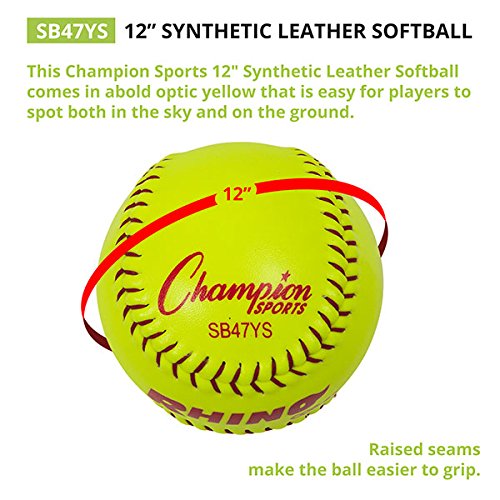 Champion Sports 12" Syntex Leather Cover Softballs - Poly Core - Medium Compression - NFHS Approved - Raised Seams - Optic Yellow - Pack of 12