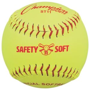 champion sports 11" safety softballs - sponge rubber core - syntex leather cover - medium compression - pack of 12 - level 10 (ages 12+), optic yellow