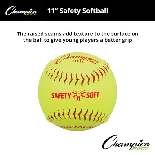 Champion Sports 11" Safety Softballs - Sponge Rubber Core - Syntex Leather Cover - Medium Compression - Pack of 12 - Level 10 (Ages 12+), Optic Yellow