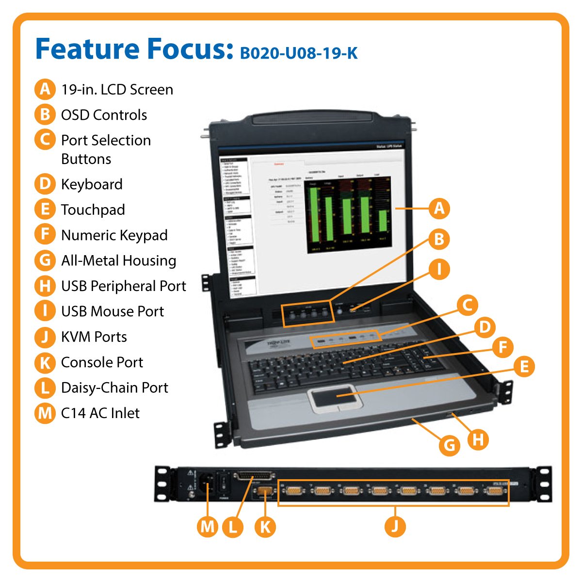 Tripp Lite B020-U08-19-K 8-Port Console KVM Switch w/ 19" LCD & 8 PS2/USB Combo Cables, Black