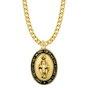 truefaithjewelry 18kt gold-plated sterling silver our lady of grace miraculous medal pendant necklace with black enamel border religious jewelry, 7/8 inch