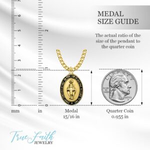 TrueFaithJewelry 18KT Gold-Plated Sterling Silver Our Lady Of Grace Miraculous Medal Pendant Necklace with Black Enamel Border Religious Jewelry, 7/8 Inch