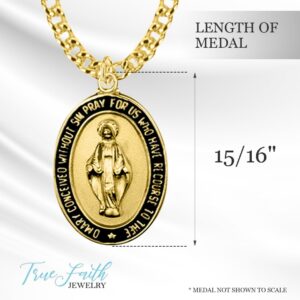 TrueFaithJewelry 18KT Gold-Plated Sterling Silver Our Lady Of Grace Miraculous Medal Pendant Necklace with Black Enamel Border Religious Jewelry, 7/8 Inch