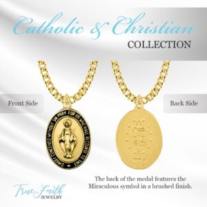 TrueFaithJewelry 18KT Gold-Plated Sterling Silver Our Lady Of Grace Miraculous Medal Pendant Necklace with Black Enamel Border Religious Jewelry, 7/8 Inch