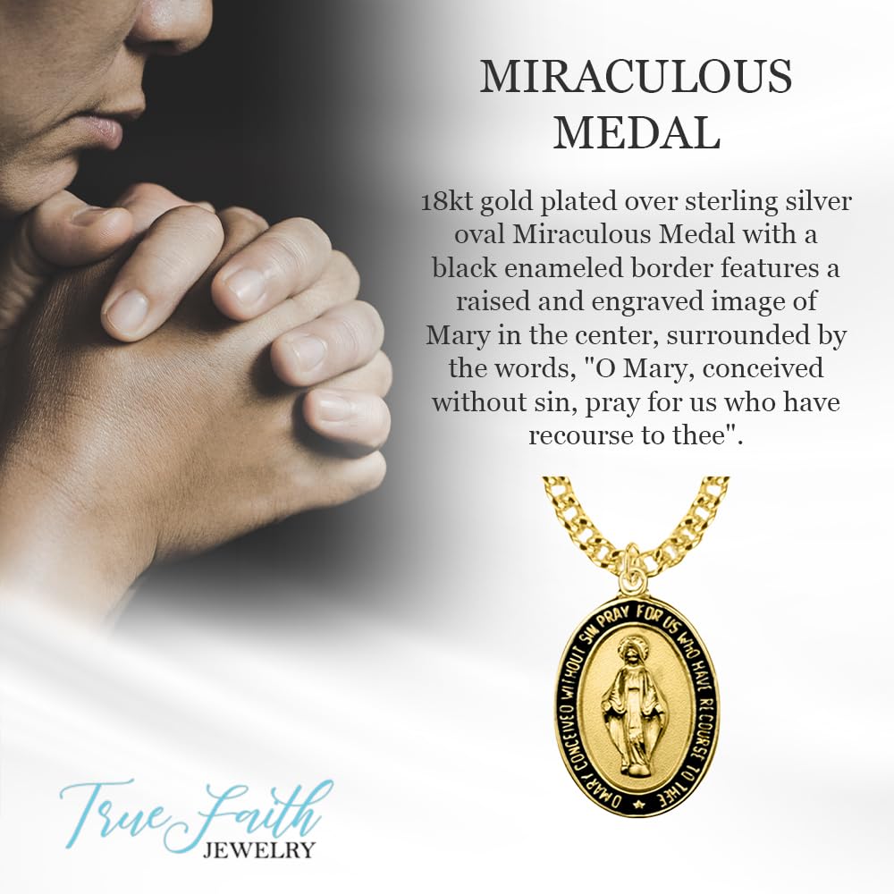 TrueFaithJewelry 18KT Gold-Plated Sterling Silver Our Lady Of Grace Miraculous Medal Pendant Necklace with Black Enamel Border Religious Jewelry, 7/8 Inch