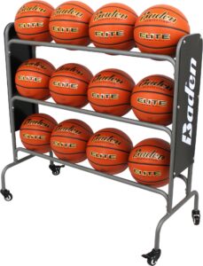 baden steel basketball rack with wheels – 3-tier rolling ball racks for garage with wheel locks, sports equipment storage basketball holder for 12 balls