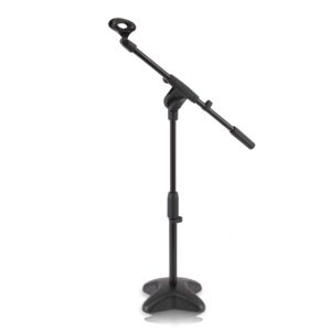 pyle universal compact microphone stand - mic mount holder height adjustment 19.0” to 26.0” inch and telescoping boom extension adjustable up to 16.0'' w/ knob style tension lock mechanism - pmks7