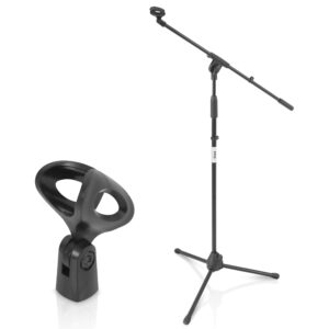 pyle foldable tripod microphone stand - universal mic mount and height adjustable from 37.5'' to 65.0'' inch high w/ extending telescoping boom arm up to 28.0'' - knob tension lock mechanism pmks3