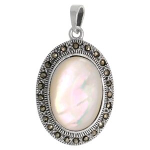 sterling silver marcasite oval pendant, w/cabochon cut 24x18mm mother of pearl, 1 7/16" (37 mm) tall