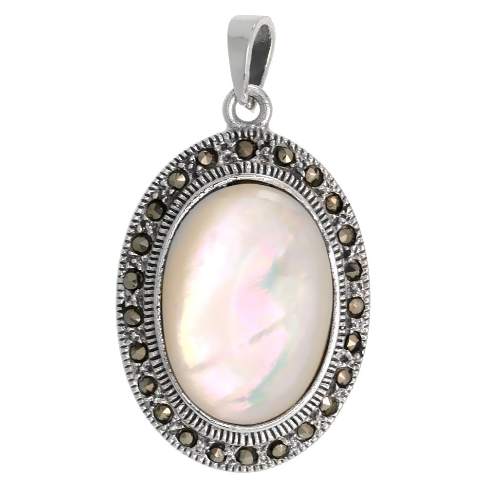 Sterling Silver Marcasite Oval Pendant, w/Cabochon Cut 24x18mm Mother of Pearl, 1 7/16" (37 mm) tall