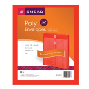 Smead Poly Envelope, 1-1/4" Expansion, String-Tie Closure, Top Load, Letter Size, Red, 5 per Pack (89547)