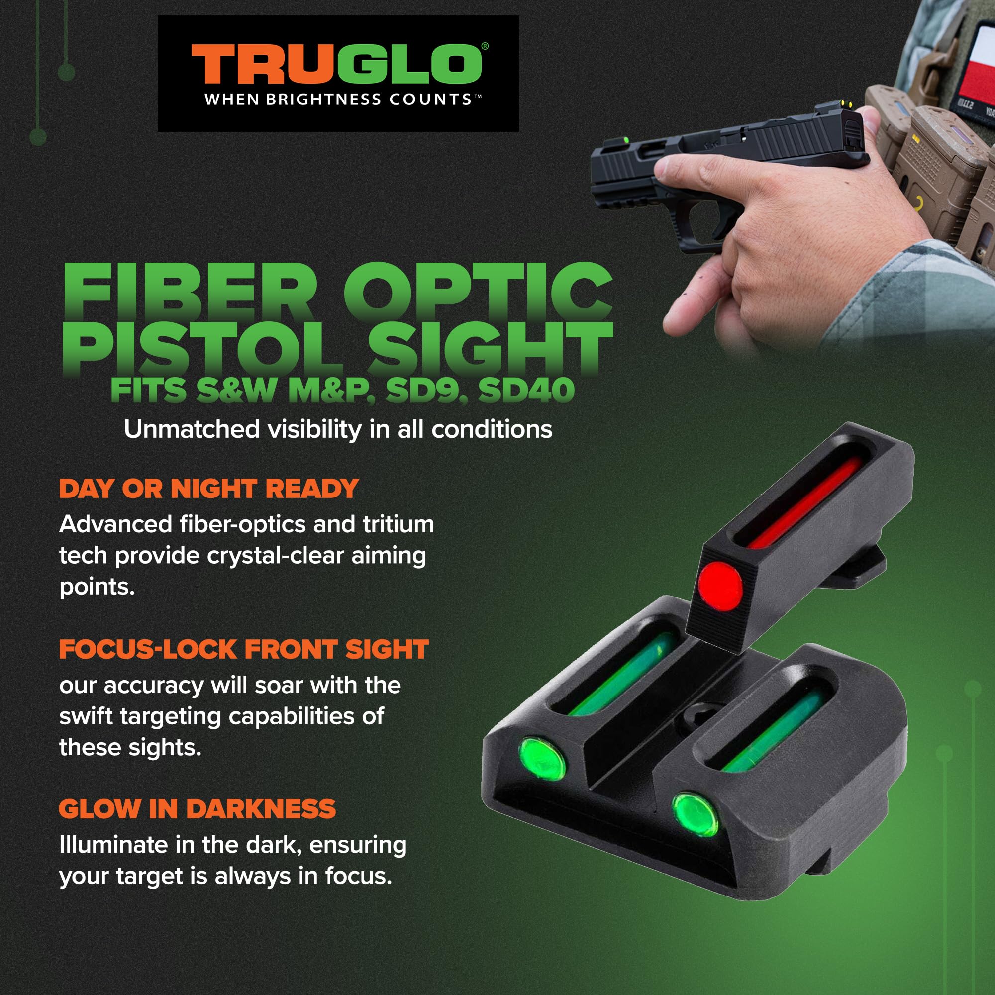 TruGlo Fiber Optic Handgun Pistol Laser Sight Accessories Fits Most Smith and Wesson M&P, SD9 and SD40 Models, with TRIDOT Aiming System