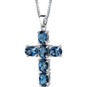 peora genuine london blue topaz cross pendant necklace for women 925 sterling silver, december birthstone, 6 carats total oval shape, with 18 inch chain