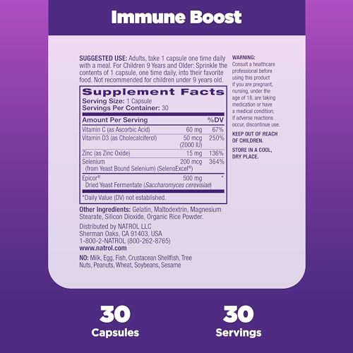 Natrol Immune Boost Capsules, Immune Support Dietary Supplement, Made with EpiCor Clinically Tested, Includes Vitamins C, D3, Selenium and Zinc, 30 Count