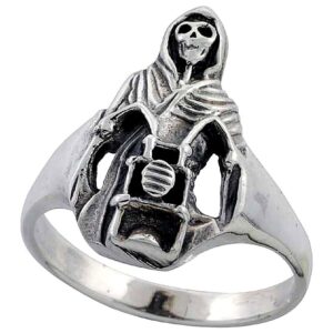 sterling silver grim reaper on motorcycle ring for women 3/4 inch size 7.5