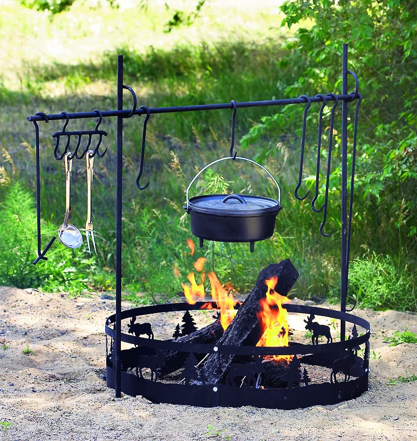 Guide Gear Campfire Cooking Equipment Set; Heavy-Duty Iron Side Posts, Hooks, Lid Lifter, Utensil Holder and Poker