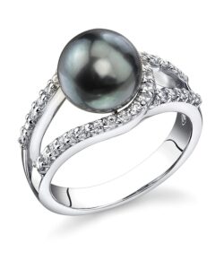 the pearl source tahitian south sea cultured pearl ring for women, tessa ring in black with sterling silver and crystals