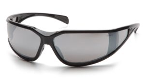 pyramex exeter safety eyewear, silver mirror anti-fog lens with black frame