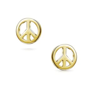 Dainty Tiny Small Round World Peace Sign Symbol Stud Earrings For Women For Teen 14K Gold Plated .925 Sterling Silver