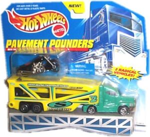 hot wheels - pavement pounders transport rig (tractor/trailer) and black motorcycle replicas