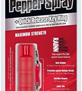 SABRE RED Pepper Spray Keychain with Quick Release for Easy Access – Max Police Strength OC Spray, Finger Grip for Accurate Aim, 10-Foot (3M) Range, 25 Bursts (5x Other Brands) – Practice Spray Option