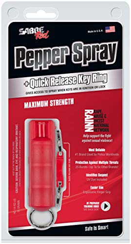 SABRE RED Pepper Spray Keychain with Quick Release for Easy Access – Max Police Strength OC Spray, Finger Grip for Accurate Aim, 10-Foot (3M) Range, 25 Bursts (5x Other Brands) – Practice Spray Option