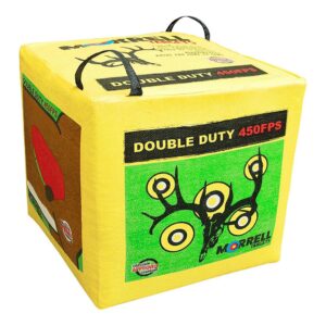 morrell double duty 450 fps cube field point archery bag target with traditional bullseyes, nine-ball, dartboard game, and deer vitals, yellow