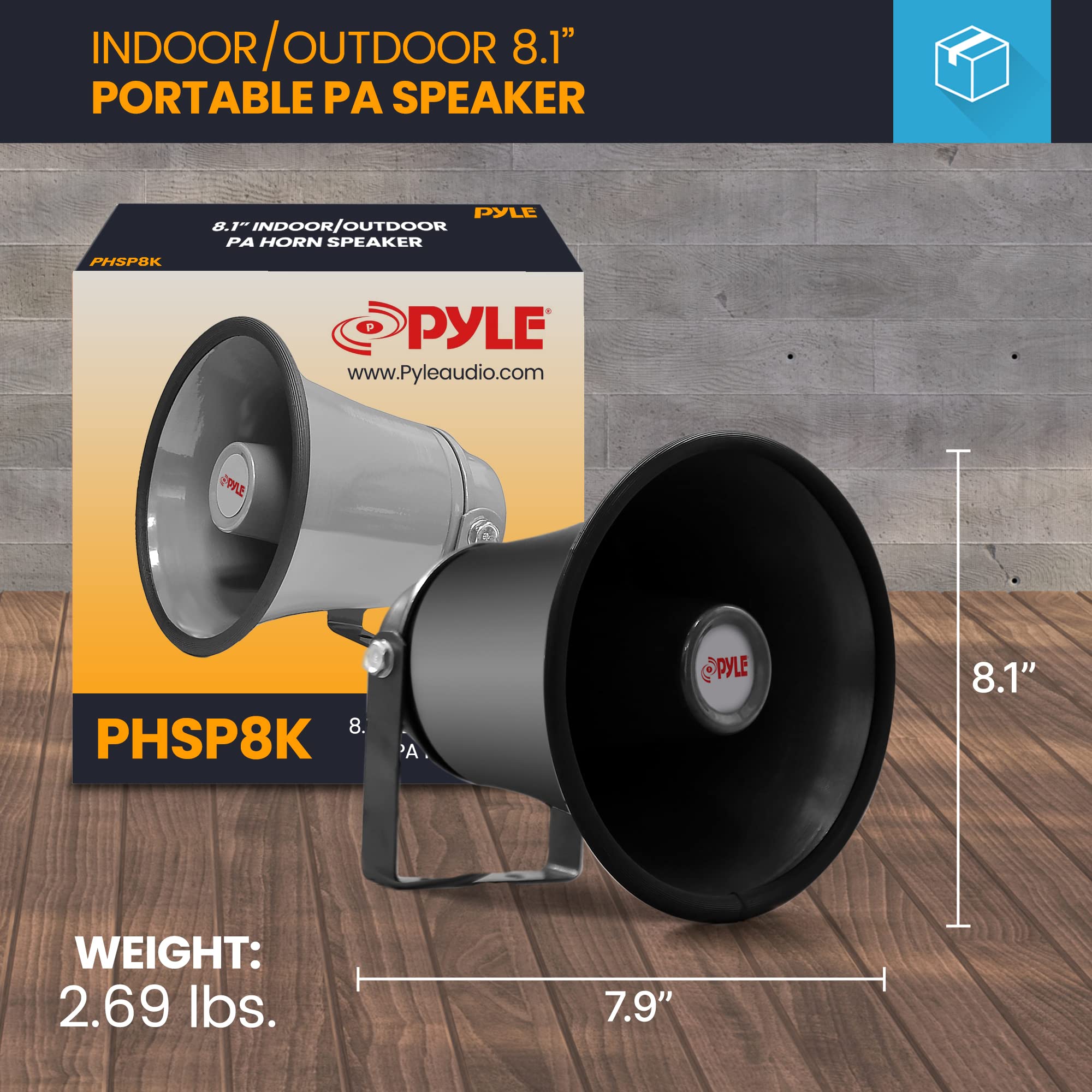 Pyle Indoor / Outdoor PA Horn Speaker - 8.1” Portable PA Speaker with 8 Ohms Impedance & 50 Watts Peak Power - Mounting Bracket & Hardware Included - Pyle PHSP8K,Grey