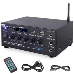 pyle compact mini home power amplifier - 40w smart small audio stereo receiver w/ aux 2 microphone in com/8-ohm/25v/70v speakers led input selector for pa amplified speaker sound system pcm20a