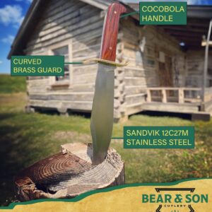 Bear & Son Cutlery 14 3/4" Fixed Blade Gold Rush Bowie Knife, Sandvik 12C27M Stainless Steel, Cocobola Wood Handle, Leather Sheath (CB00)