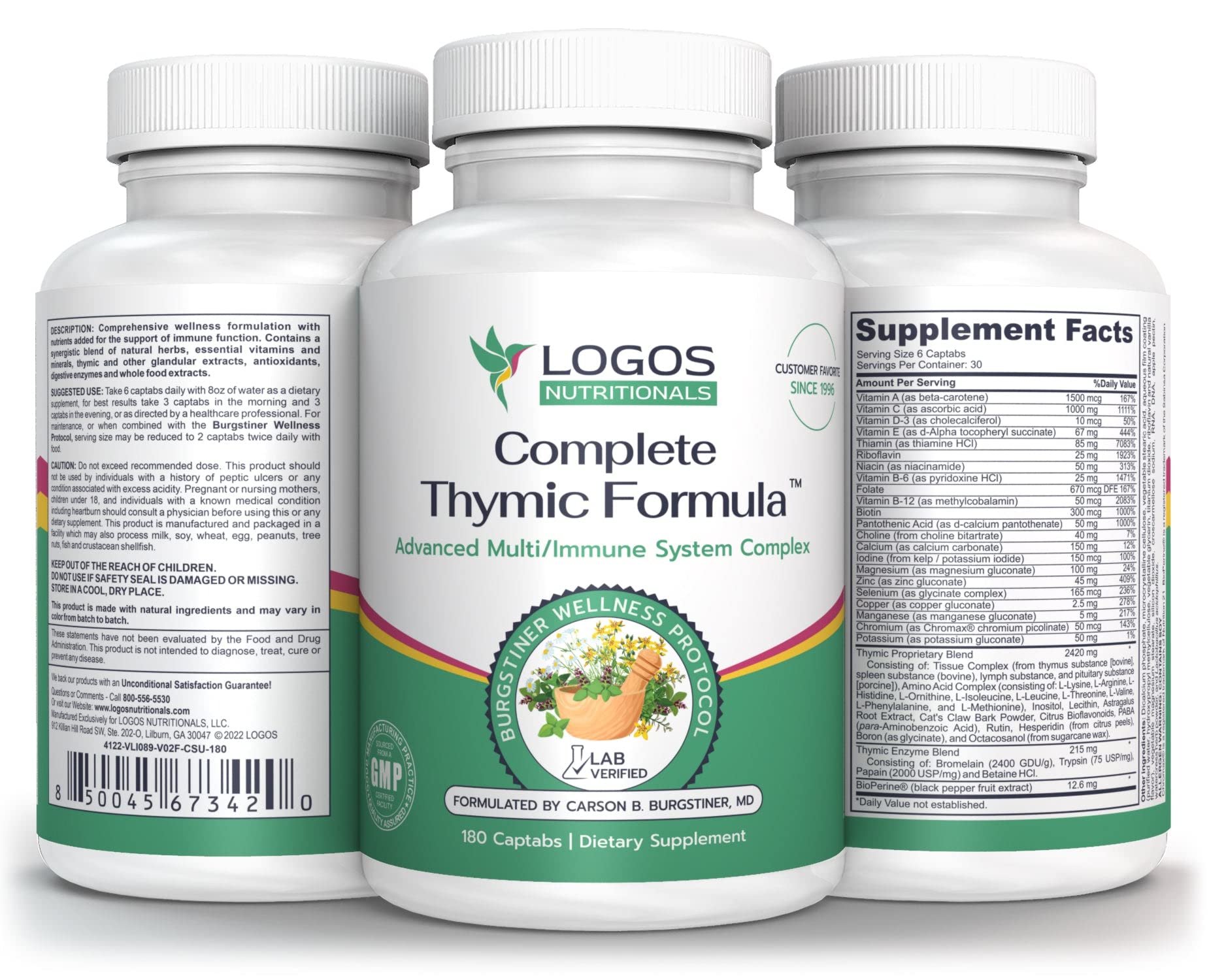 logos nutritionals Complete Thymic Formula™, Comprehensive Multivitamin & Multimineral with Thymus Glandular Extracts (180 Count (Pack of 1)