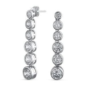 elegant bridal sterling silver aaa cz linear drop earrings with geometric bubble design for women wedding, prom cubic zirconia in a bezel set round shape.