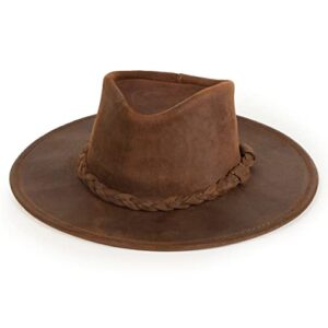 minnetonka outback hat - flat brimmed cowboy hat for men and women made with distressed ruff leather, hidden steel wire in brim, and subtle leather-braided accent, large-brown