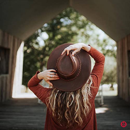 Minnetonka Outback Hat - Flat Brimmed Cowboy Hat for Men and Women Made with Distressed Ruff Leather, Hidden Steel Wire in Brim, and Subtle Leather-Braided Accent, Large-Brown