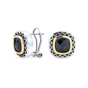 black onyx cubic zirconia two tone square cushion omega earrings for women silver gold plated brass