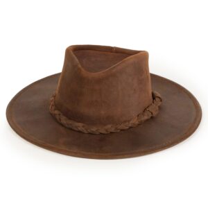 minnetonka mens flat brimmed outback hat made with distressed ruff leather, hidden steel wire in brim and subtle leather-braided accent, brown, x-large