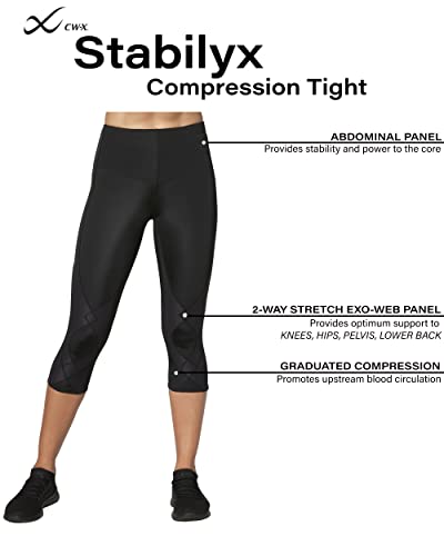 CW-X Women's Mid Rise 3/4 Capri Stabilyx Compression Legging Tights, Black, Small