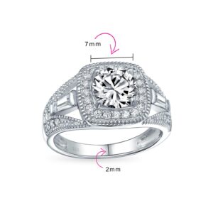 Personalize Vintage Antique Art Deco Style 2CT AAA CZ Pave Halo Square Cushion Cut Solitaire Engagement Ring For Women .925 Sterling Silver Split Baguette Side Stone Migrain Edge Band Customizable