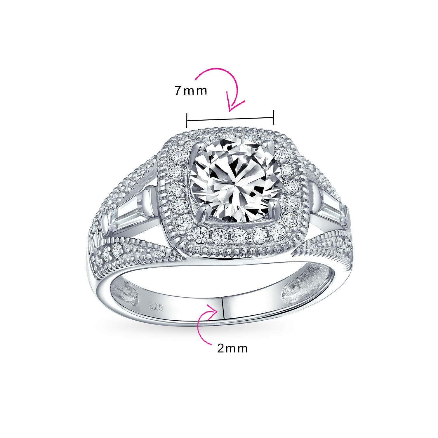 Personalize Vintage Antique Art Deco Style 2CT AAA CZ Pave Halo Square Cushion Cut Solitaire Engagement Ring For Women .925 Sterling Silver Split Baguette Side Stone Migrain Edge Band Customizable