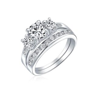 Bling Jewelry Classic Traditional 3CT Round Solitaire 3 Stone Past Present Future Solitaire Pave Band AAA CZ Anniversary Wedding Engagement Ring Set Band For Women .925 Sterling Silver