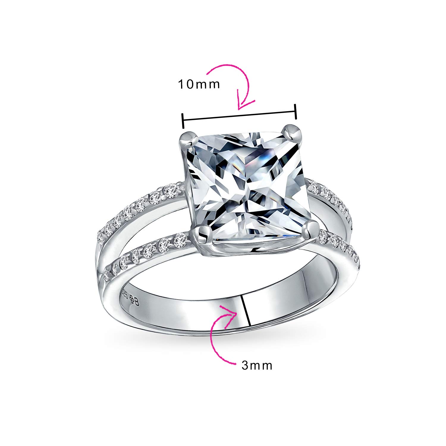 3CT Square Princess Cut AAA CZ Engagement Ring For Women Cubic Zirconia Split Pave Shank Band 925 Sterling Silver