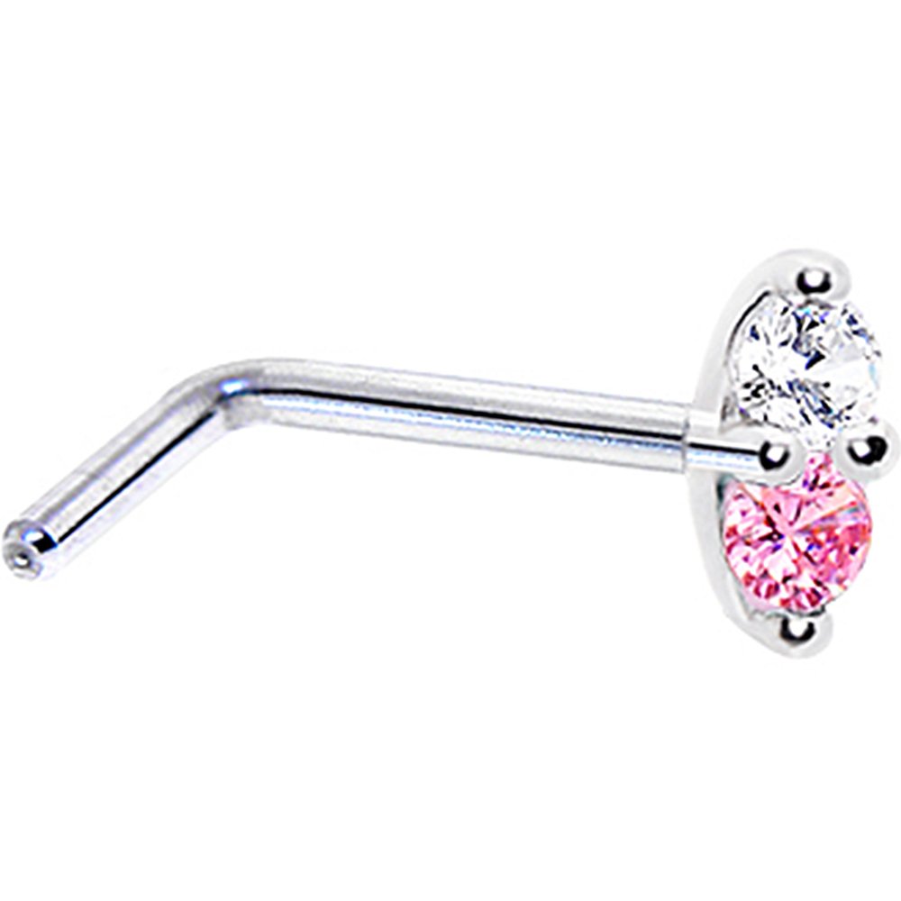 Body Candy Solid 14k White Gold Clear Pink 1.5mm CZ Marquise L Shaped Nose Stud Ring 18 Gauge 1/4"